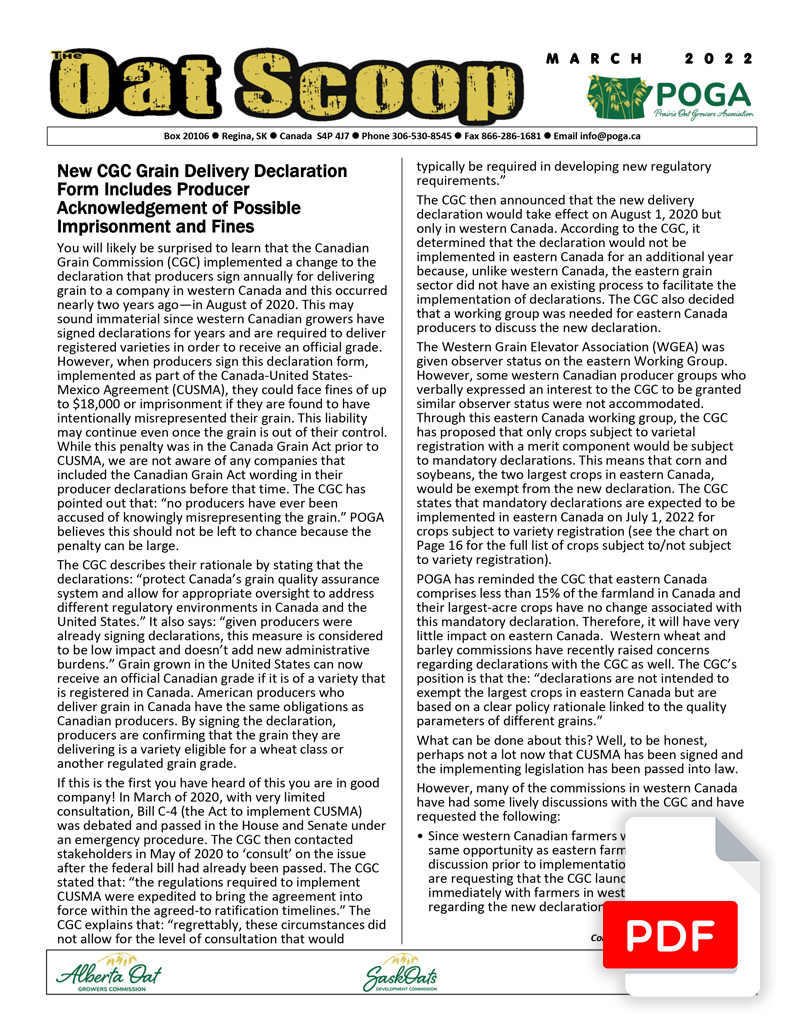 Oat Scoop, March 2022 - Prairie Oat Growers Association (POGA)